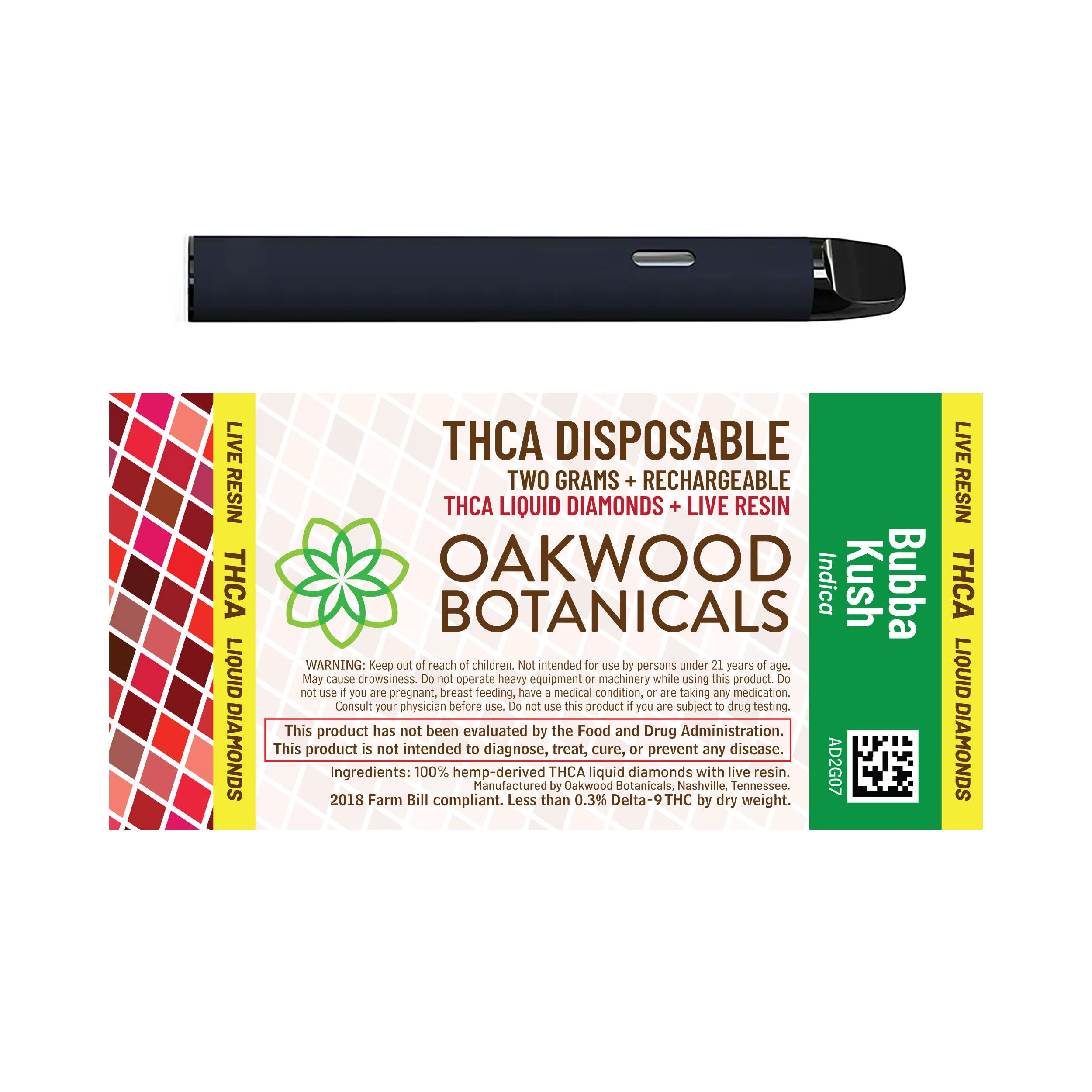 Two Gram THCA Disposable Vape, Bubba Kush (Indica) | Oakwood Botanicals